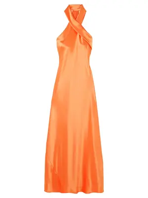 Galvan Galvan Pandora Satin Halterneck Midi Dress Orange