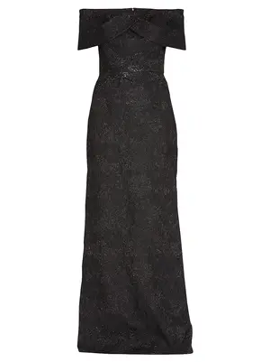 Rickie Freeman For Teri Jon Rickie Freeman For Teri Jon Off-Shoulder Jacquard Gown Black
