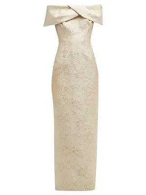 Rickie Freeman For Teri Jon Rickie Freeman For Teri Jon Off-Shoulder Jacquard Gown Gold