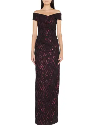 Rickie Freeman For Teri Jon Rickie Freeman For Teri Jon Off-Shoulder Jacquard Gown Merlot