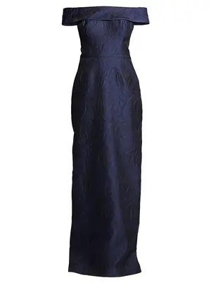 Rickie Freeman For Teri Jon Rickie Freeman For Teri Jon Off-Shoulder Jacquard Gown Navy