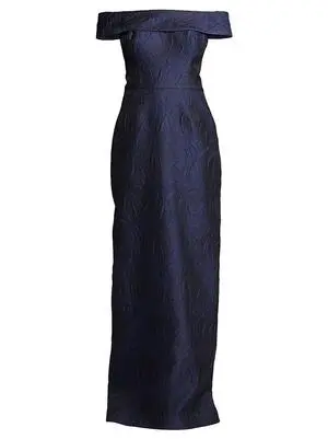 Rickie Freeman For Teri Jon Rickie Freeman For Teri Jon Off-Shoulder Jacquard Gown Navy