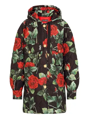 Dolce & Gabbana Rose Print Mid-length Raincoat - Black