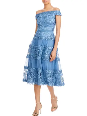 Tadashi Shoji Adriane Floral Embroidered Tea-Length Dress Blue Stone