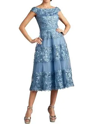 Tadashi Shoji Adriane Floral Embroidered Tea-Length Dress Blue