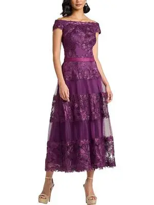 Tadashi Shoji Adriane Floral Embroidered Tea-length Dress - Deep Amethyst