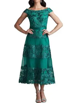 Tadashi Shoji Adriane Floral Embroidered Tea-Length Dress Green