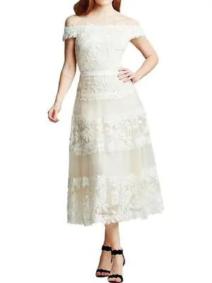 Tadashi Shoji Adriane Floral Embroidered Tea-Length Dress Ivory