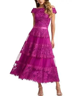 Tadashi Shoji Adriane Floral Embroidered Tea-length Dress - Magenta