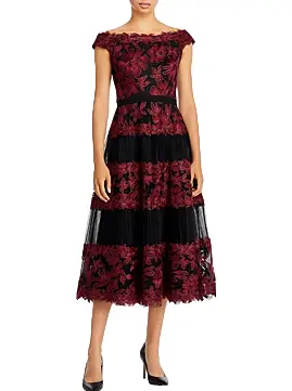 Tadashi Shoji Adriane Floral Embroidered Tea-Length Dress Raisin