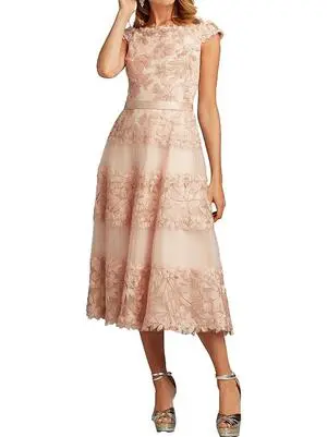 Tadashi Shoji Adriane Floral Embroidered Tea-Length Dress Taupe