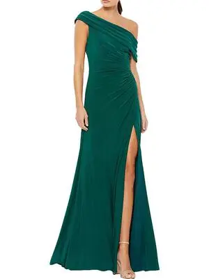 Mac Duggal Ieena For Mac Duggal Foldover Off-the-Shoulder Slit Gown Emerald