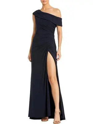 Mac Duggal Foldover Off-the-shoulder Slit Gown - Navy