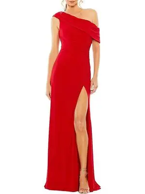 Mac Duggal Ieena For Mac Duggal Foldover Off-the-Shoulder Slit Gown Red