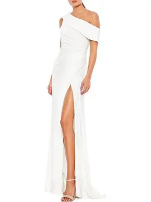 Mac Duggal Foldover Off-the-shoulder Slit Gown - White