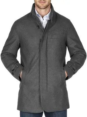 NORWEGIAN WOOL Down Filled Wool & Cashmere Herringbone Car Coat Charcoal