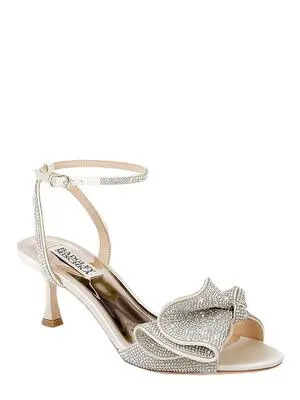 Badgley Mischka Remi Rhinestone Ruffle Mid-Heel Sandals Ivory Satin