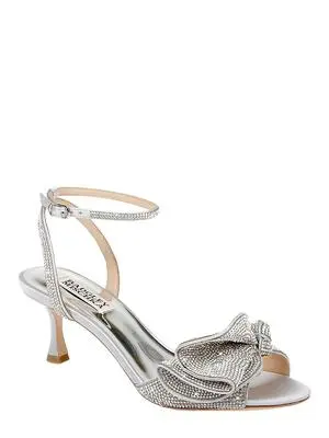 Badgley Mischka Remi Rhinestone Ruffle Mid-heel Sandals - Silver Satin