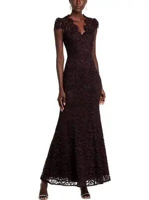 Eliza J Scalloped-Edge Lace Gown Chocolate