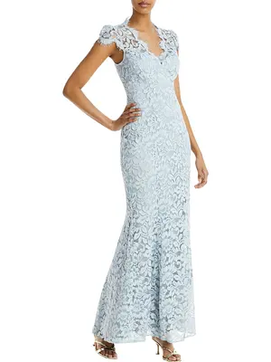 Eliza J Scalloped-Edge Lace Gown Sky