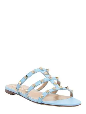 Valentino Garavani Rockstud Slide Sandals Light Blue/natural
