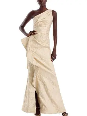 Rickie Freeman For Teri Jon Metallic Jacquard One-shoulder Gown - Gold