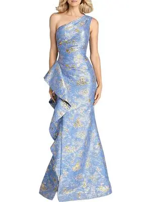Rickie Freeman For Teri Jon Teri Jon By Rickie Freeman Metallic Jacquard One-Shoulder Gown Sky Blue