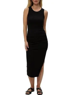 Michael Stars Wren Tank Midi Dress With Side Slit And Ruching - Black
