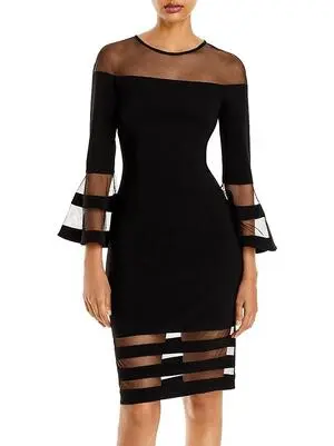 Aqua Bell-sleeve Illusion Dress - Black