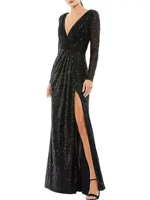 Mac Duggal Sequined Long Sleeve Gown - Black