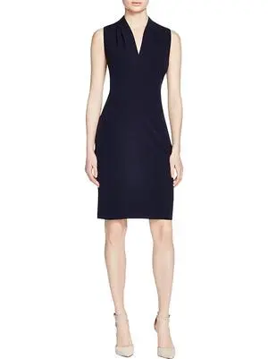 T Tahari T Tahari Tonya Pleated Sleeveless V-Neck Sheath Dress Navy