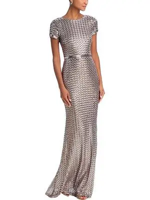 Aqua Belted Sequin Gown Exclusive - Silver/taupe