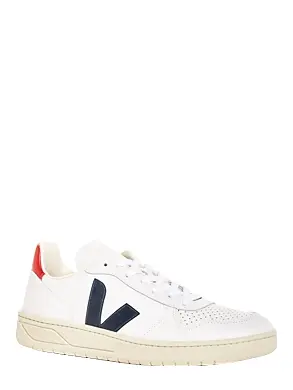 VEJA V-10 Low-Top Leather Sneakers Natural/red
