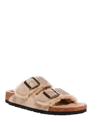 BIRKENSTOCK Arizona Shearling Slide Sandals Beige