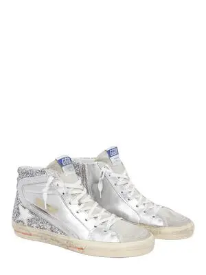 GOLDEN GOOSE Slide Glitter High Top Sneakers - Silver Ice White