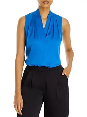 Kobi Halperin Mila Sleeveless V-Neck Pleated Silk Blouse Admiral