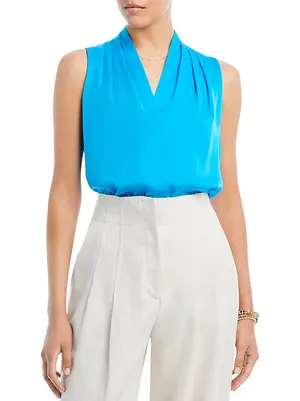 Kobi Halperin Mila Sleeveless V-Neck Pleated Silk Blouse Cyan