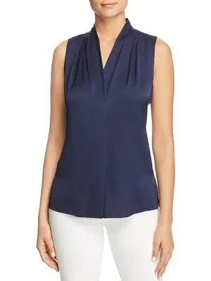 Kobi Halperin Mila Sleeveless V-Neck Pleated Silk Blouse Midnight Blue