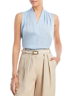 Kobi Halperin Mila Sleeveless V-Neck Pleated Silk Blouse Sky Mist