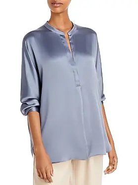 Vince Vince Silk Banded Collar Blouse Iris Blue
