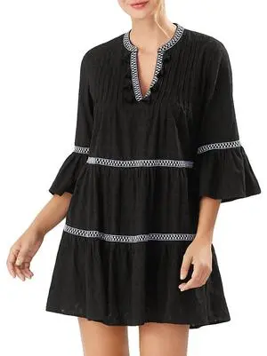 Tommy Bahama Jacquard Tiered Dress With Embroidered Trim - Black