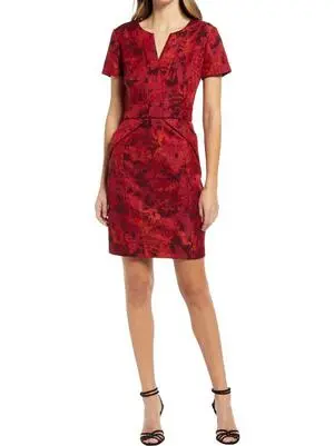 Shani Shani Jacquard Bow Sheath Cocktail Dress Red