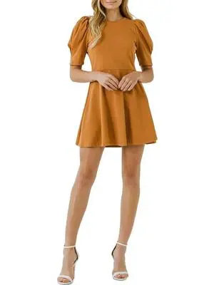 English Factory Puff Sleeve Mini Dress - Brown