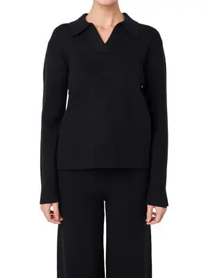 English Factory Polo Collar Ribbed Sweater - Black