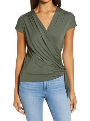 Loveappella Loveappella Faux Wrap Top Olive