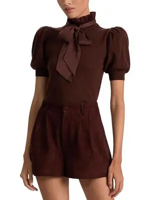 Alice + Olivia Puff Sleeve Ruffle Neck Sweater - Dark Chocolate