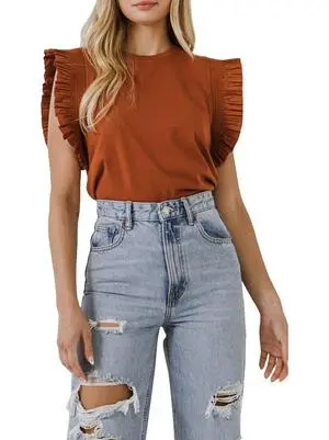 English Factory English Factory Poplin Ruffle Top Brown