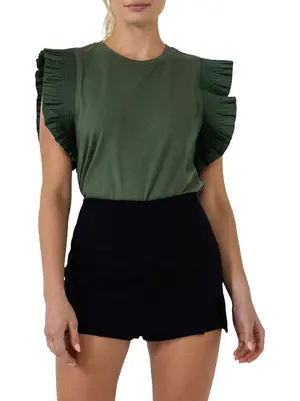 English Factory English Factory Poplin Ruffle Top Olive