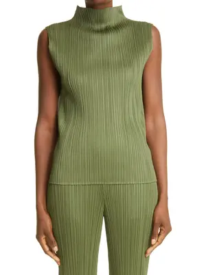 Issey Miyake Pleats Please Issey Miyake Pleated Funnel Neck Top Khaki