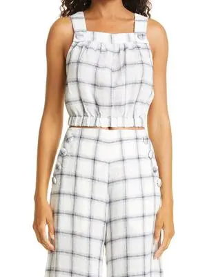 Lisa Marie Fernandez Check Blouson Linen Crop Top - Wwl White Windowpane Linen